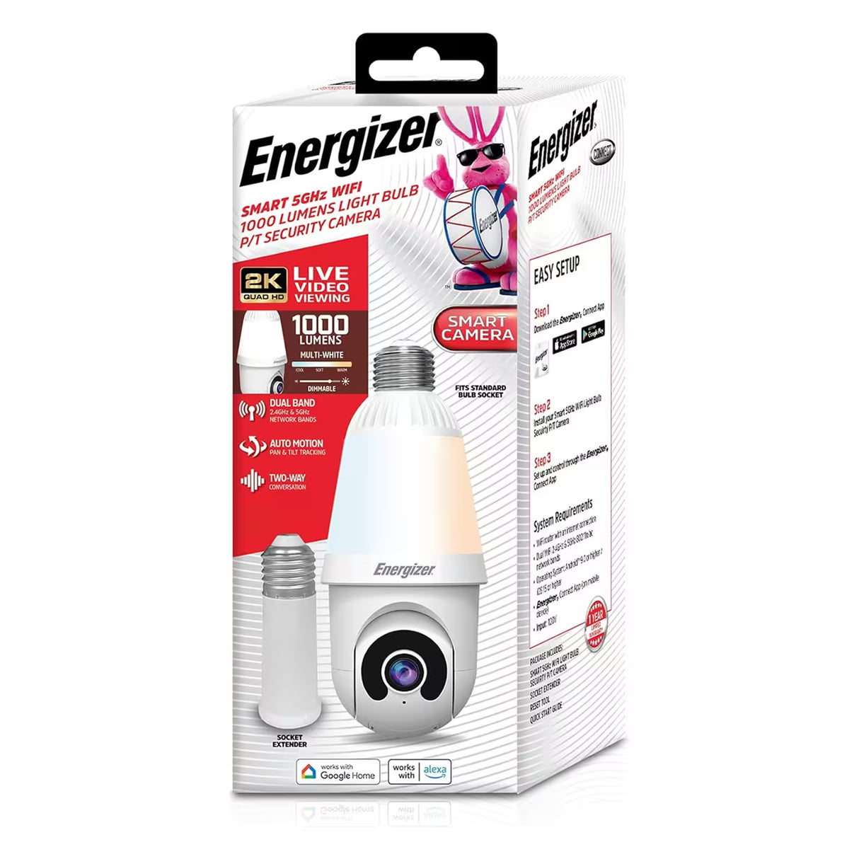 Energizer Smart 5GHz Wi-Fi Pan/Tilt Security Light Bulb Camera, 1000 L ...